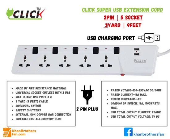 CLICK Super USB Extension Cord 2pin Plug, 3 yard (9 ft) long Multi-plug ...