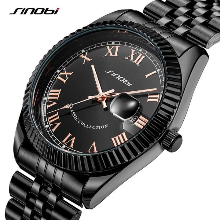 SINOBI Brand Men's Quartz Watches 38mm Black Dial Plate Stainless Steel ...