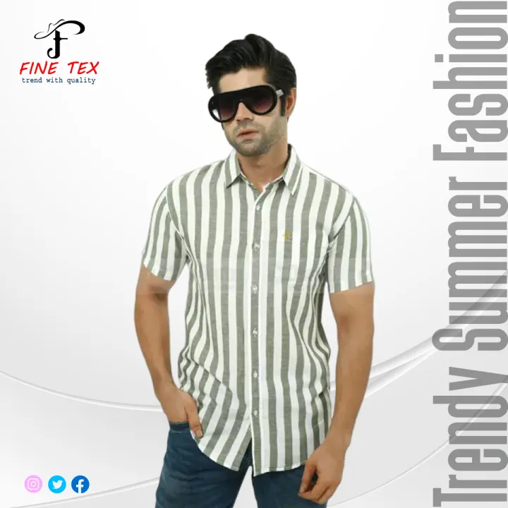 Stripe Premium Quality Ash Olive Color Soft Half Sleeve Casual Shirt ...