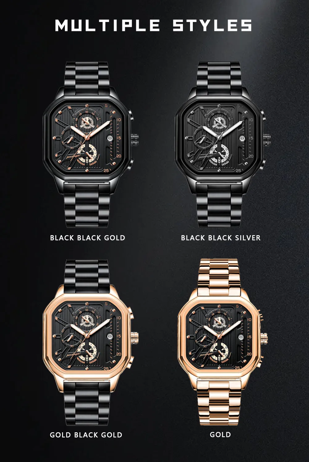 "Poedagar PO628S Black Stainless Steel Chronograph Wrist Watch For Men ...