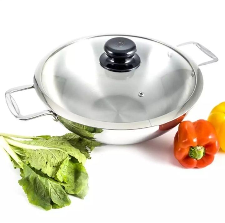 Stainless Steel 30 CM Wok pan ( Karai) with Glass Lid and SS Handle ...
