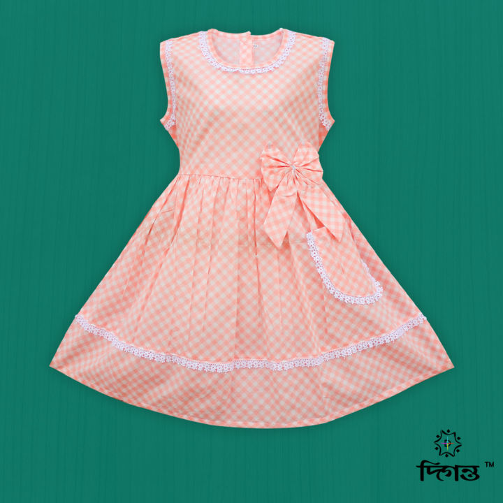 Check Pink Classic Style Cotton Frock For Girls | Daraz.com.bd