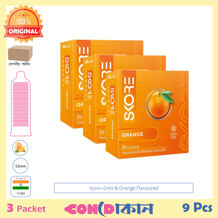 SKORE 1500+ Dots Orange Flavoured Condom Indian 3 Packet (9 Pcs) | Daraz.com.bd