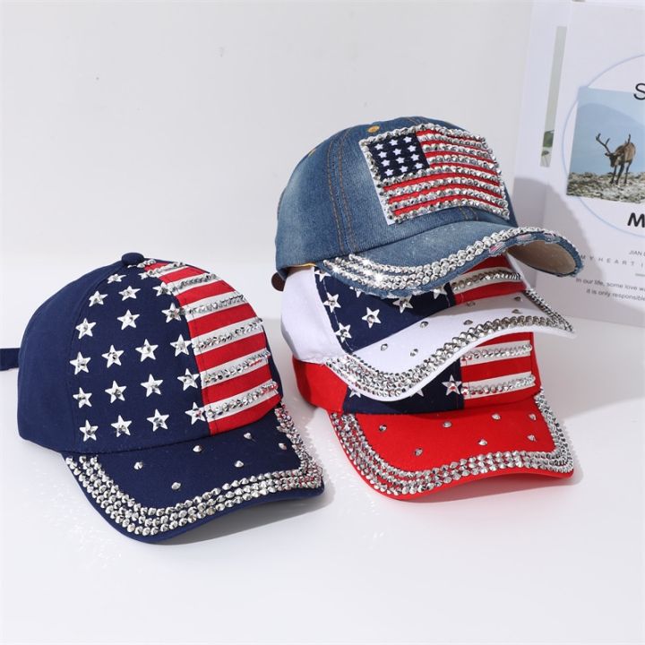 Sparkling Washed Denim Baseball Cap with Shimmering Diamonds American ...