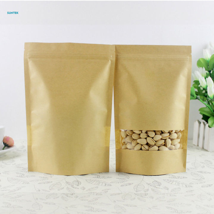 100 Pack Kraft Bags with Window Stand Up Seal Paper Bag Food Storage ...