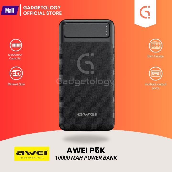 Awei P5K 10000mAh Dual USB Port Power Bank Fast Charging Micro USB and ...