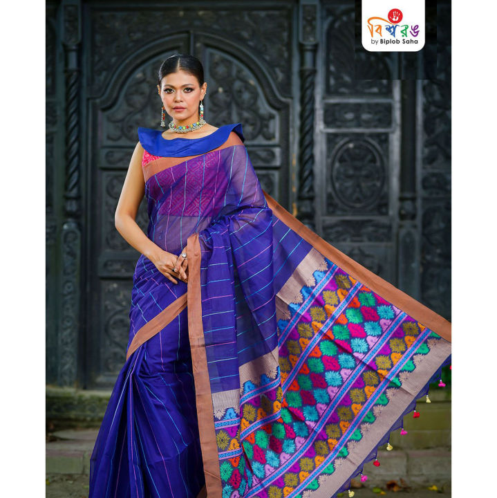 Bishworang Navy Blue colour Tat Sharee | Daraz.com.bd