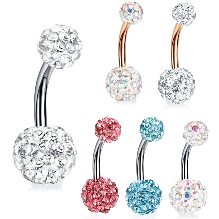 1PC Steel Double Side Belly Piercing Rings Epoxy CZ Crystal Disco Ball ...