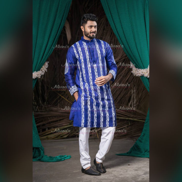 Super Designer Blue Color Block Print Half Silk Panjabi For Man | Daraz ...