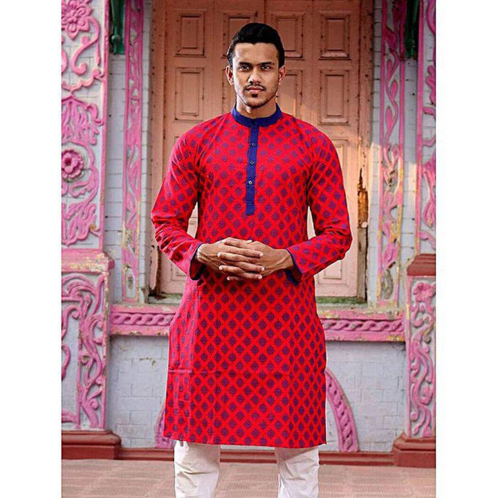 Red All over Screen printed Cotton Regular Fit Long Panjabi for Men by ...