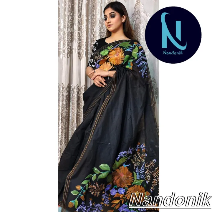 Hand Painted Half Silk Moslin Saree | Daraz.com.bd