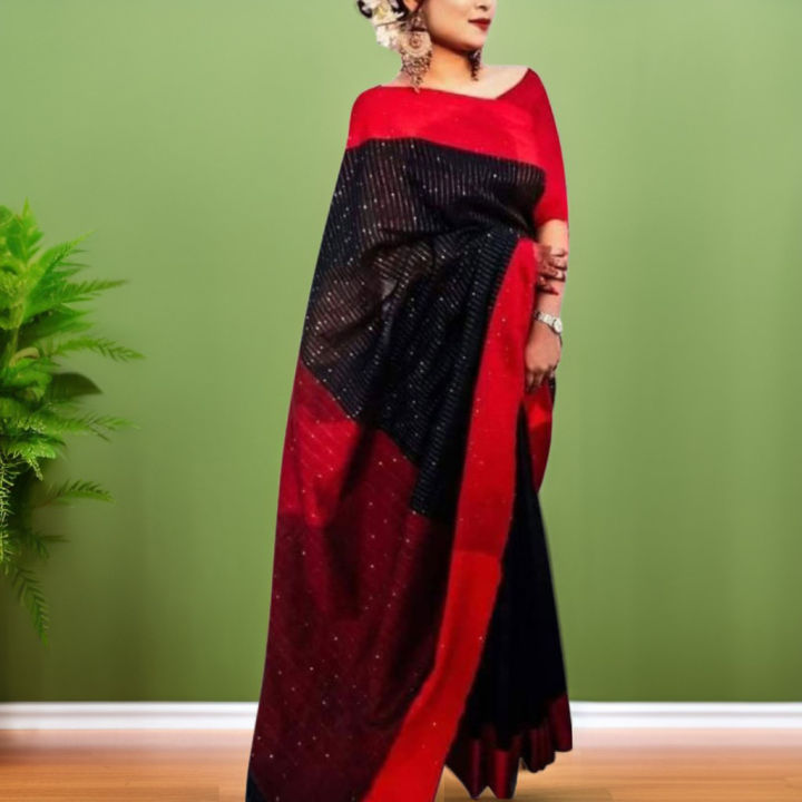 Exclusive Black Red Tangail Tat Cotton Chumki Saree For Women By Dream ...