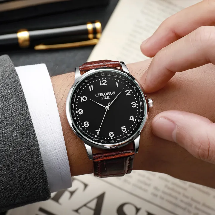 New CHRONOS Men's Quartz Watch Large Plate Simple Three-Pin Belt Watch ...