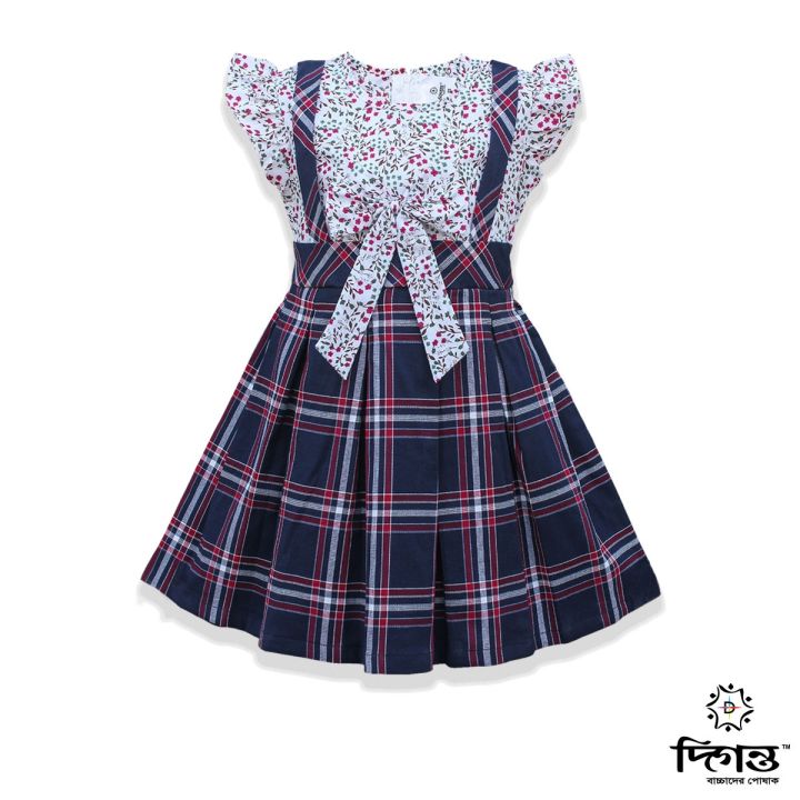 Navy Blue Check Multi Print Cotton Frock for Baby Girls | Daraz.com.bd