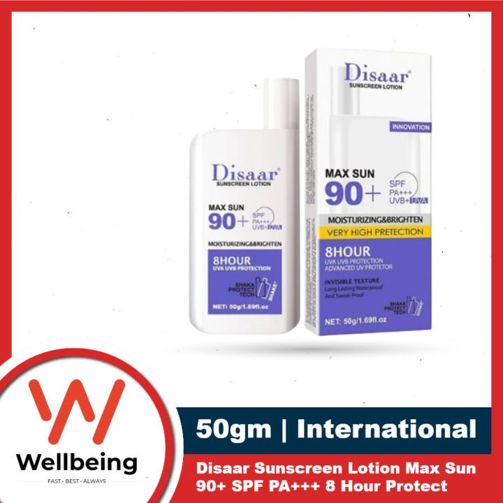 Disaar Sunscreen Lotion 50gm Max Sun 90+ SPF PA+++ 8 Hour Protect ...