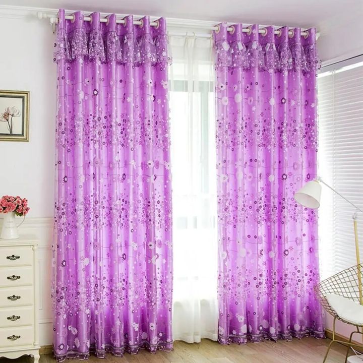 Tulle Curtain Double-layer Polyester Flower Printed Sheer Curtain Drape for Living Room Bedroom ...