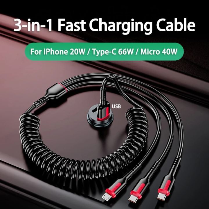 3 in 1 66W 6A Fast Charging USB Type C Cable 3A Micro USB Spring Car ...