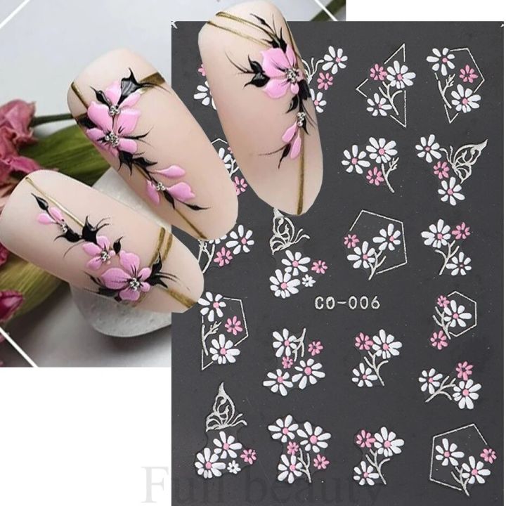 Pink White Flowers 5D Nail Sticker Sakura Cute Floral Decals Butterfly ...