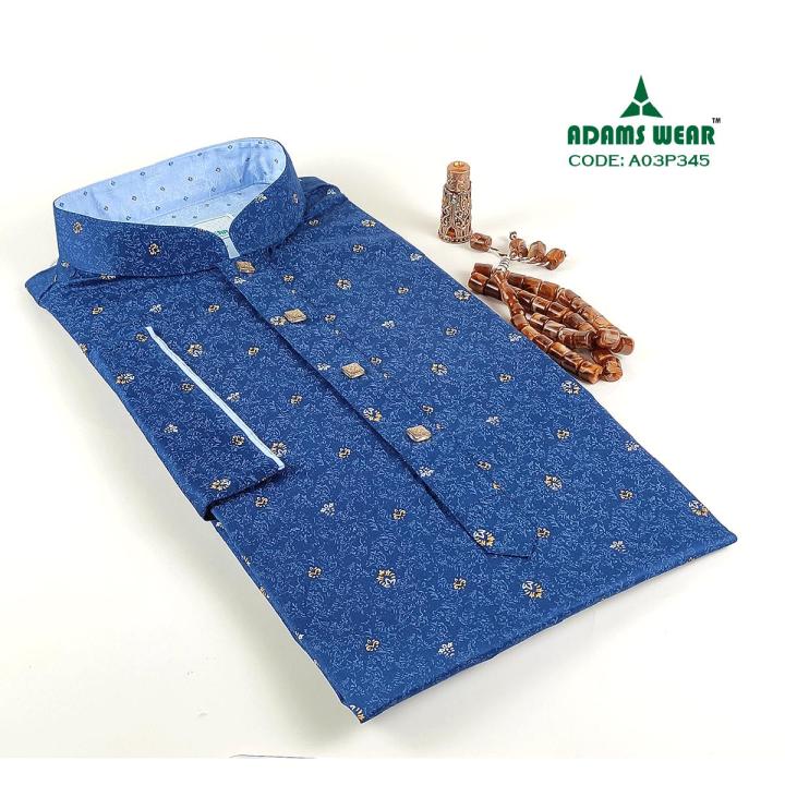 Adams 100% Cotton Blue Printed Fabric With Solid Contrast Panjabi ...