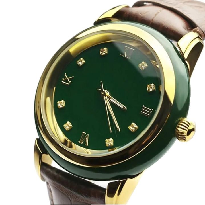 Vintage Green Jade Watch Diamond Inlay Quartz Wristwatch Couple Clock ...