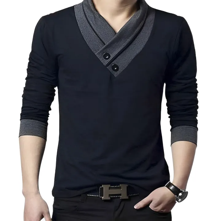 BLACK COLOR COTTON LONG SLEEVE CSUAL SMART T-SHART FOR MEN. | Daraz.com.bd