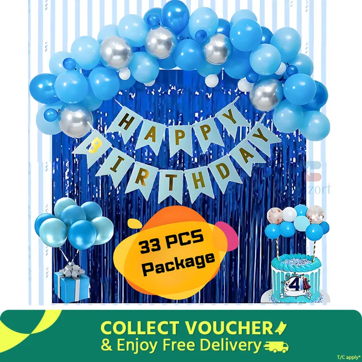 Happy Birthday Decoration Combo Pack – Blue Backdrop Foil Curtain, Light Blue Paper Birthday ...