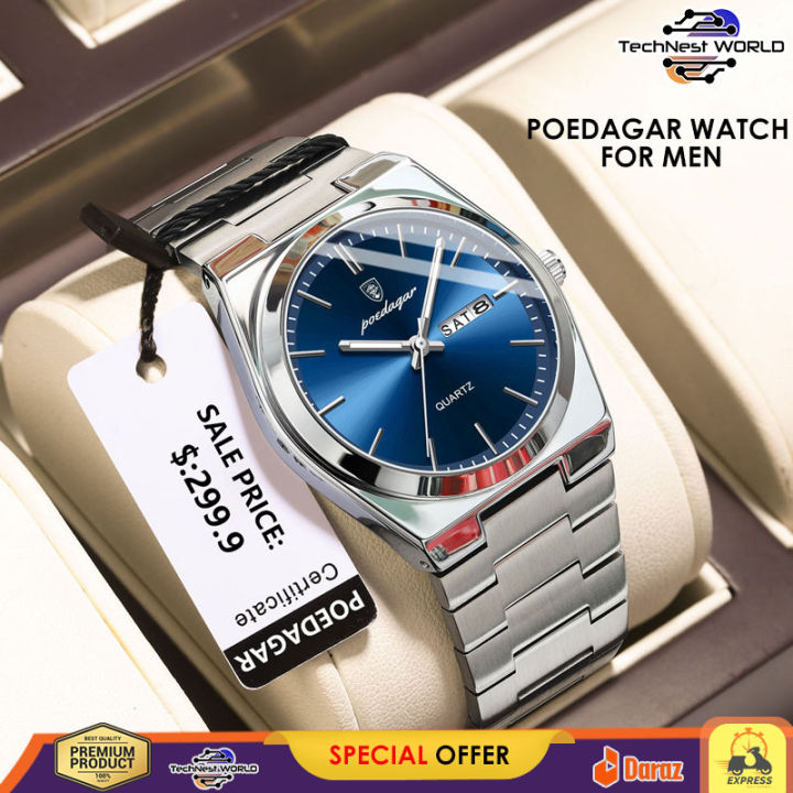 POEDAGAR 930 watch for Men New Luxury Luminous Day Date Stainless Steel ...
