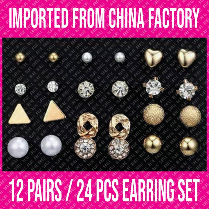 New Trendy 12 Pairs = 24 Pcs Pearl Stud Earrings Set for Women Simple ...