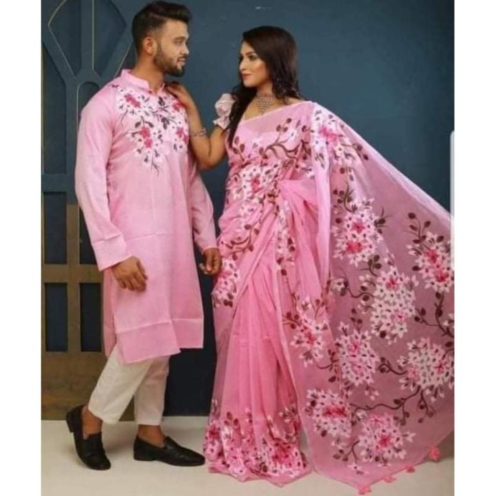 Half Silk Hand Print Saree and Punjabi Couples Set (Sari and Punjabi ...