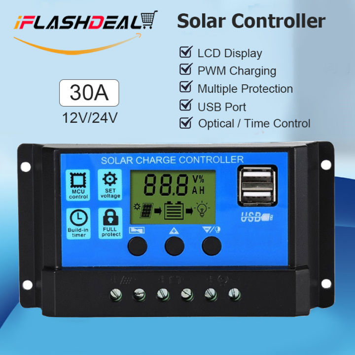 iFlashDeaal 30A Solar Charge Controller Solar Panel Controller 12V/24V Adjustable LCD Display ...