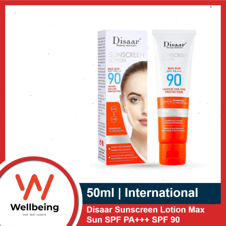 Disaar Sunscreen Lotion 50ml Max Sun SPF PA+++ SPF90 12Hour UVA UVB ...