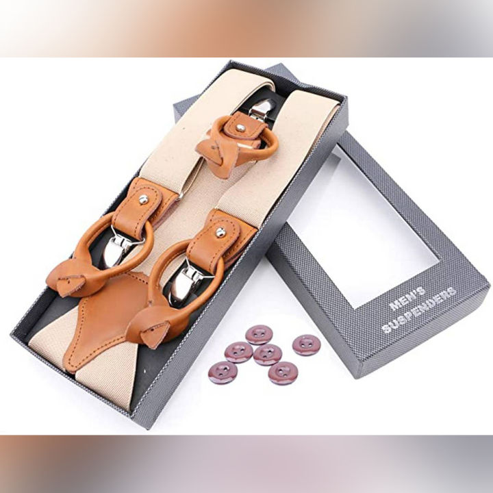 Men's Y-Shaped Heavy Duty Suspenders Strong Clips & Leather Button End ...