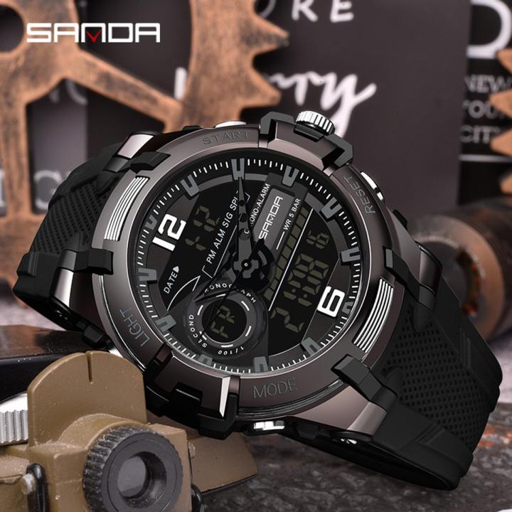 SANDA Pria Tahan Air Jam Tangan Olahraga Analog Bercahaya Militer Fashion LED Digital ...