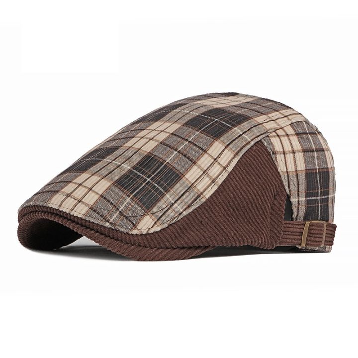 Four Seasons Cotton Plaid Print Thicken Newsboy Caps Flat Peaked Cap ...