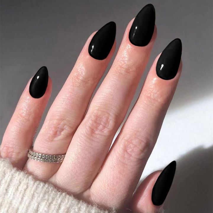24Pcs Cool All Black Fake Nails with Glue DIY Art Design False Nails ...