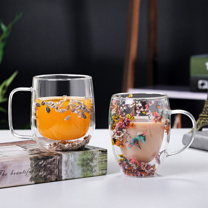 Double Wall Glass Mug Cup with Dry Flower Sea Snail Conchs Glitters ...