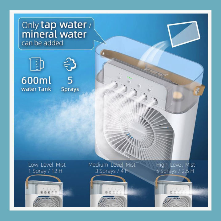 Air Cooler Fan 3 in 1 Mini Portable Fan Humidifier with 7 Colors LED ...