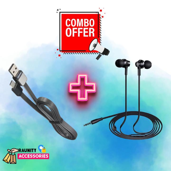 Remax Combo 2 in 1 Offer For Remax Rm 512 Earphone + Remax Type C Cable ...