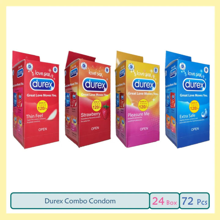 Durex Condom Thin Feel, Extra Safe, Pleasure Me, Strawberry Combo 24 Pack (72 Pcs) | Daraz.com.bd