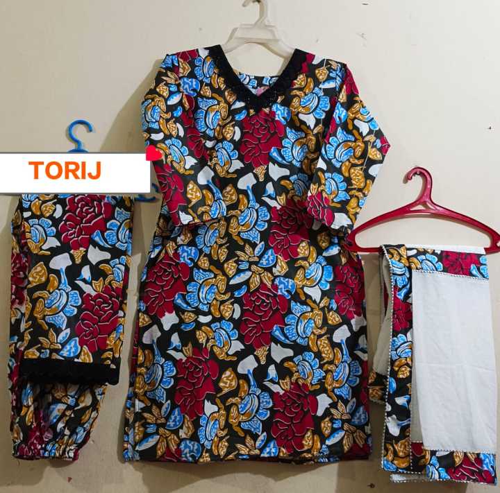 New Design Stitched Full Body Print and Lace Work Three Piece ...