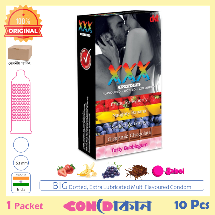 XXX Assorted Flavours (Strawberry, Banana, Grape, Chocolate, Bubblegum) Big Dotted Condom 1 Pack ...