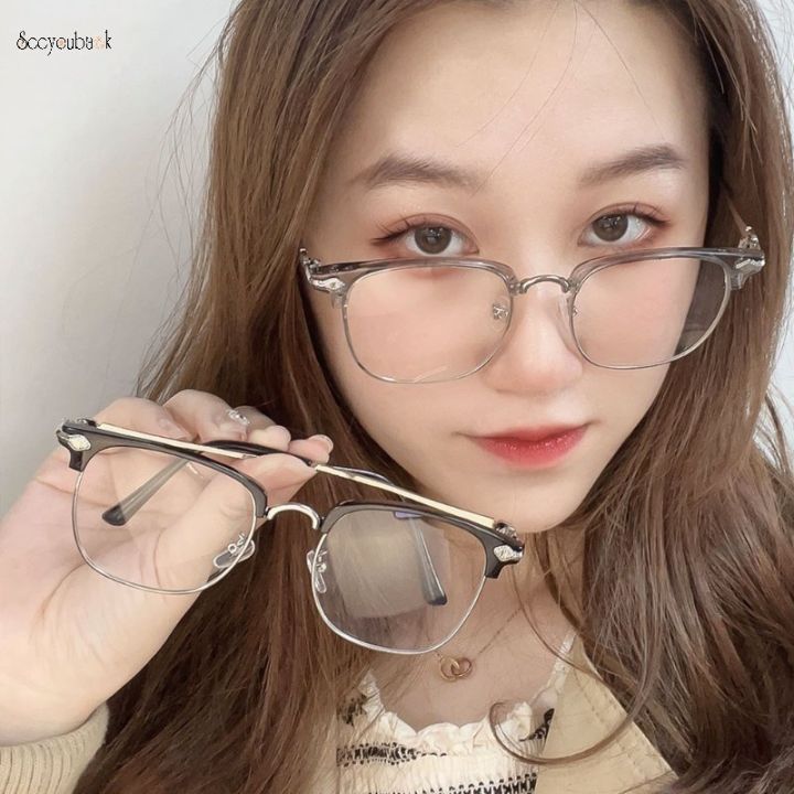 Retro Metal Half-frame Silver Black Anti-blue Light Men Glasses Women ...