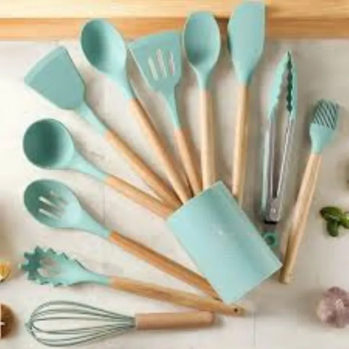 12Pcs Silicone Cooking Utensils Set Non-Stick Spatula Shovel Wooden ...