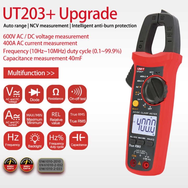 UNI-T UT203+ True RMS Clamp Meter AC & DC Current Tester 400A Clamp ...