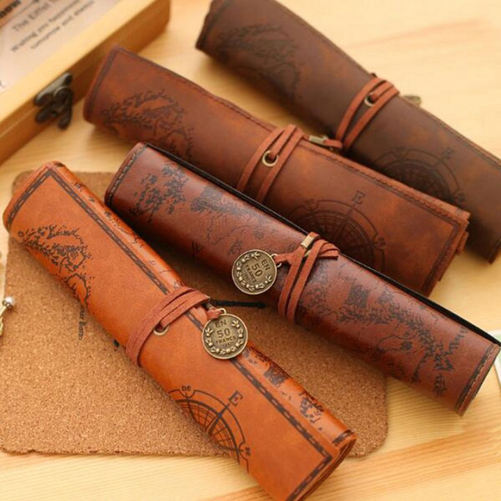 Vintage Retro Treasure Map Canvas Leather Pencil Cases Large Cpacity ...