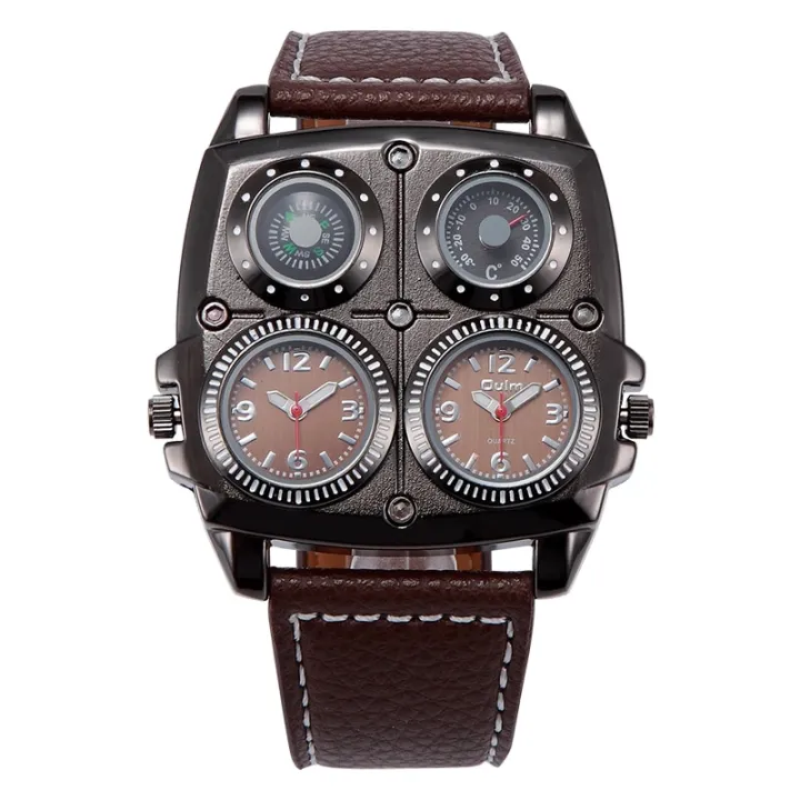 Retro Men's Watches Male Quartz Clock Unique Design 3 Time Zone Casual ...