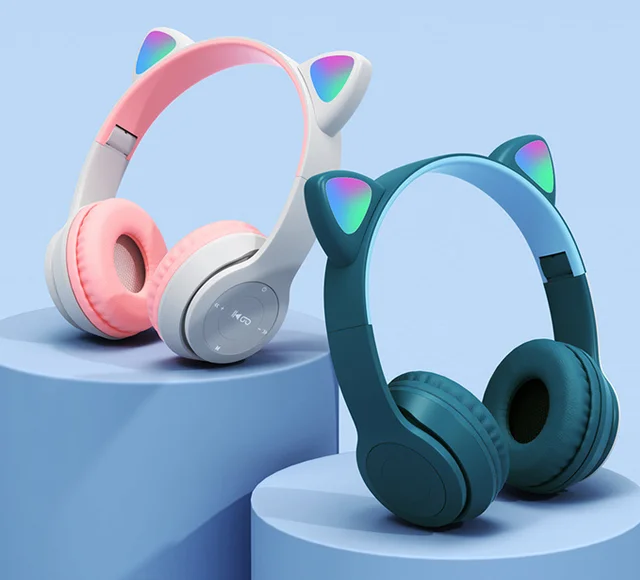 Cute Cat Wireless Headphones for Kids, Luminous LED Light, Bluetooth 5.0, Adjustable, 8H Battery ...