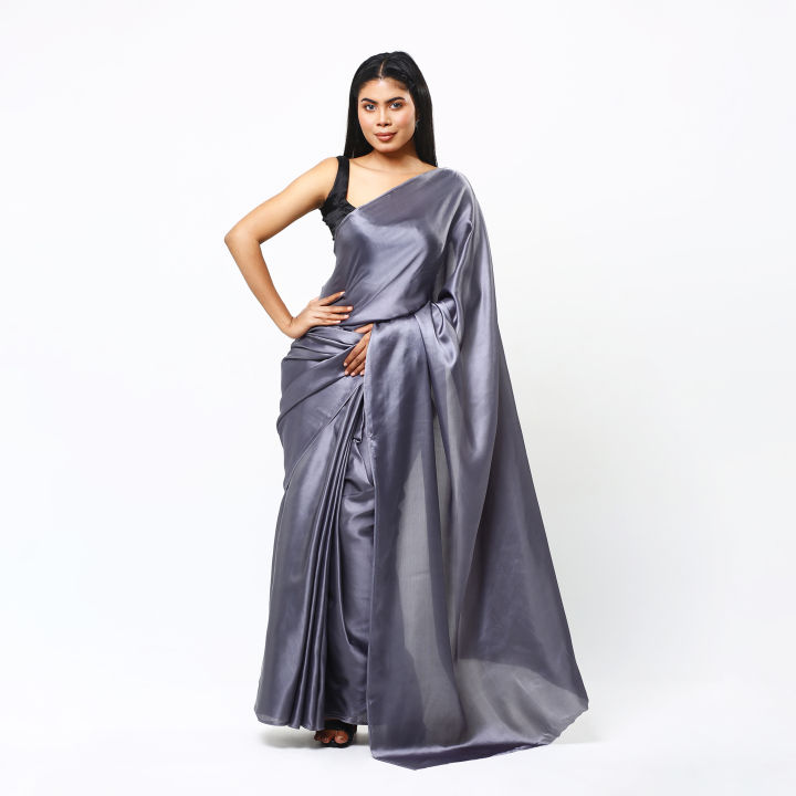 Japanese Silk Saree for Women - Dark Ash Radiance - Embrace Formal and ...