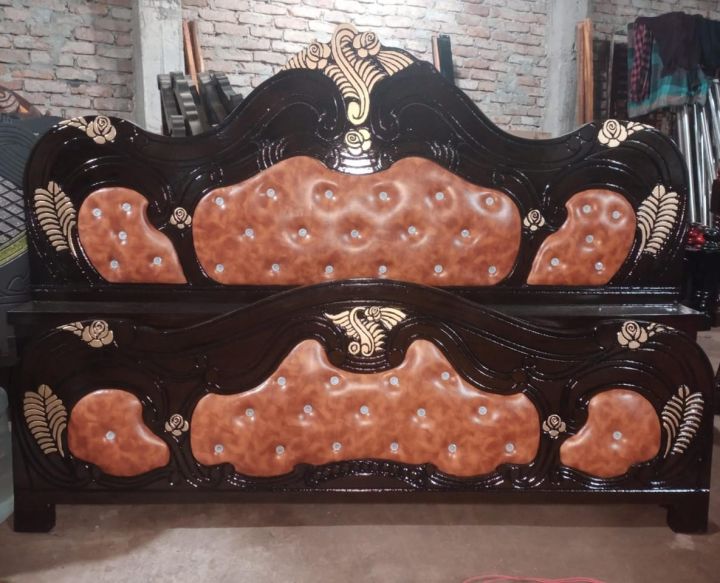 Malaysian Wood Bed with lekar polish and Double Part Lether | Daraz.com.bd