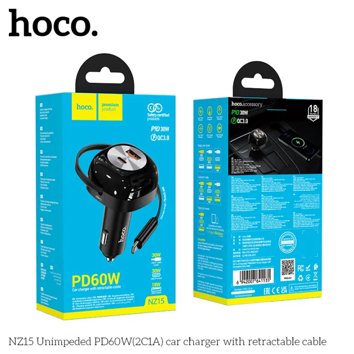 Hoco NZ15 PD60W Car Charger with Retractable cable in car Type-C mobile ...